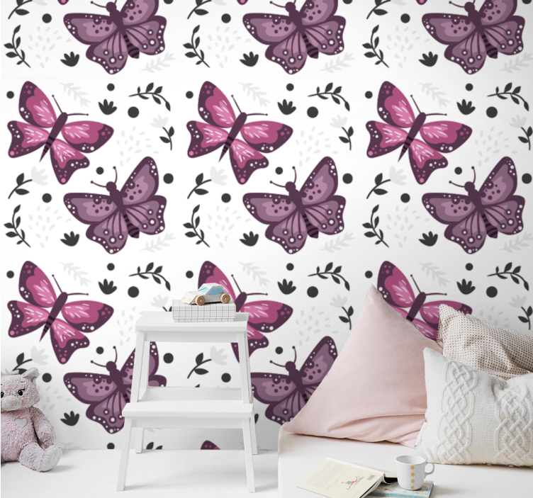 Pink motif with leaves butterflies wallpaper